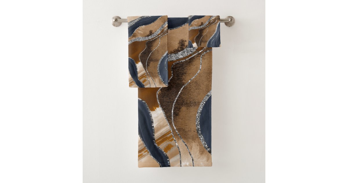 Earthy Navy Blue Marble Agate Silver Glitter 1 Bath Towel Set | Zazzle