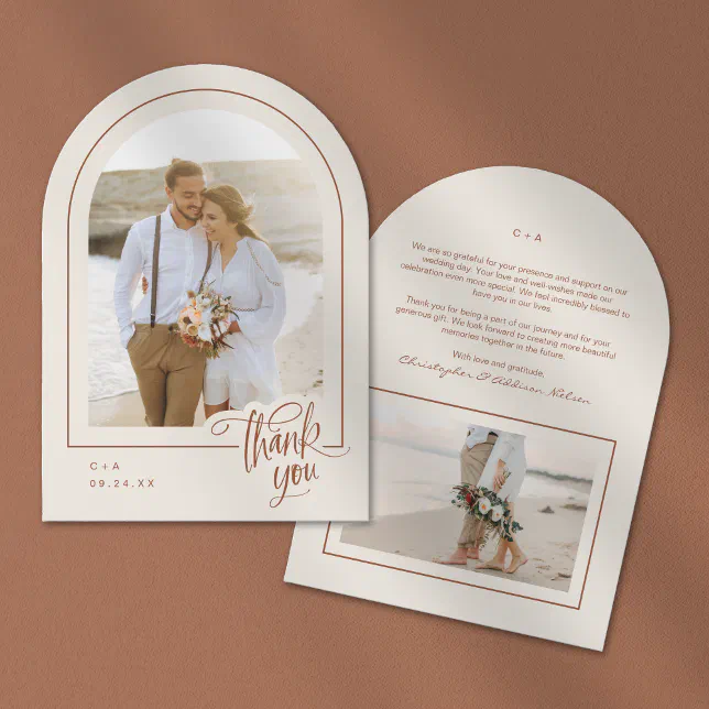 Earthy Neutral 2 Photo Wedding Thank You Card | Zazzle