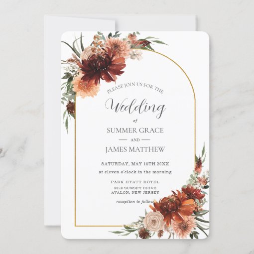 Earthy Terracotta Rust Floral Arch Wedding Invitation | Zazzle