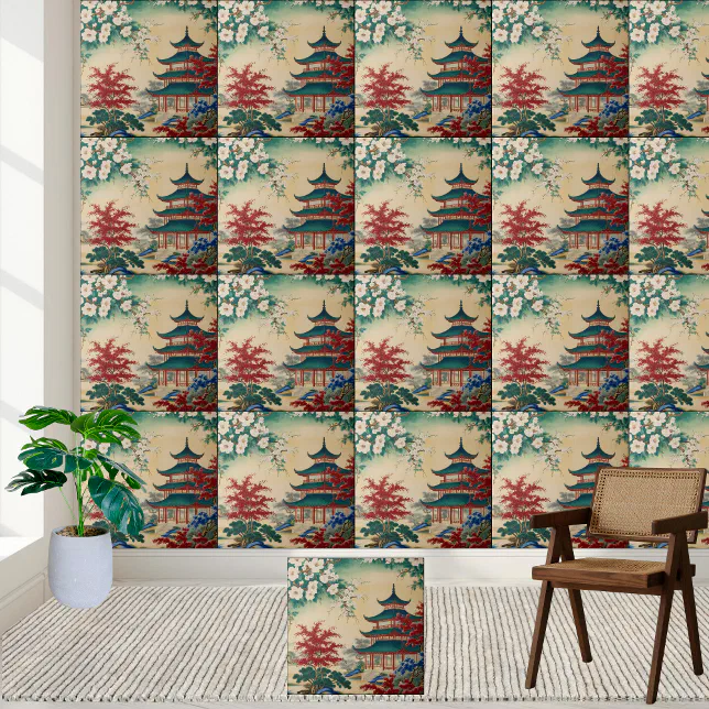 East Asian Inspired Pagoda Garden Chinoiserie Tile | Zazzle