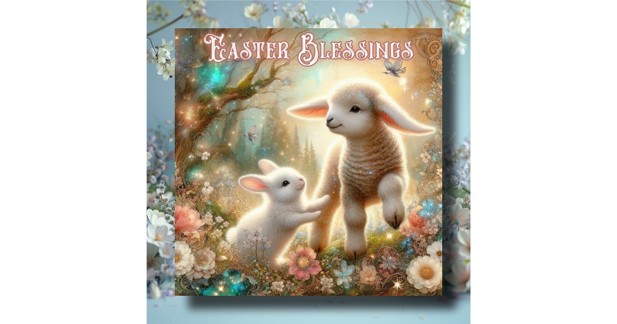 Easter Blessings Vintage Bunny and Lamb Floral Holiday Card | Zazzle