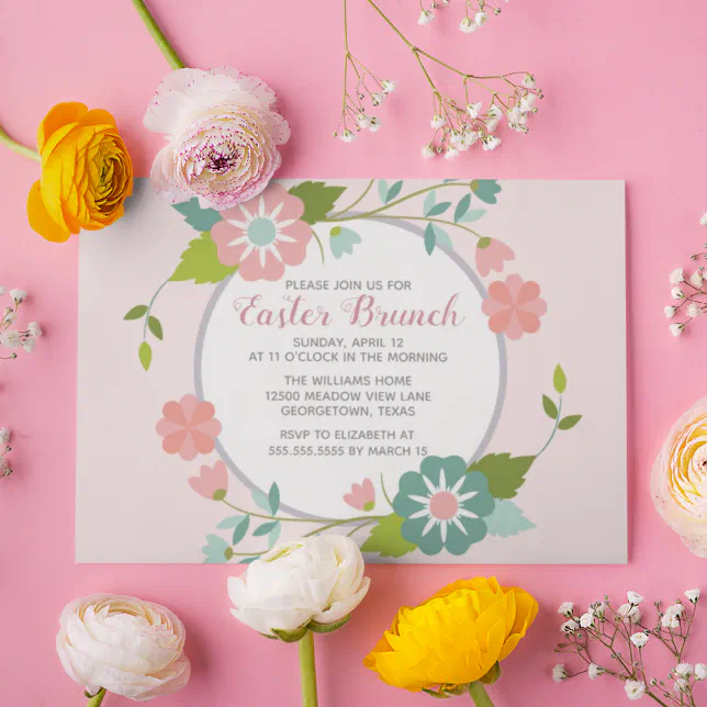 Easter Brunch Cute Pink Floral Party Invitation | Zazzle