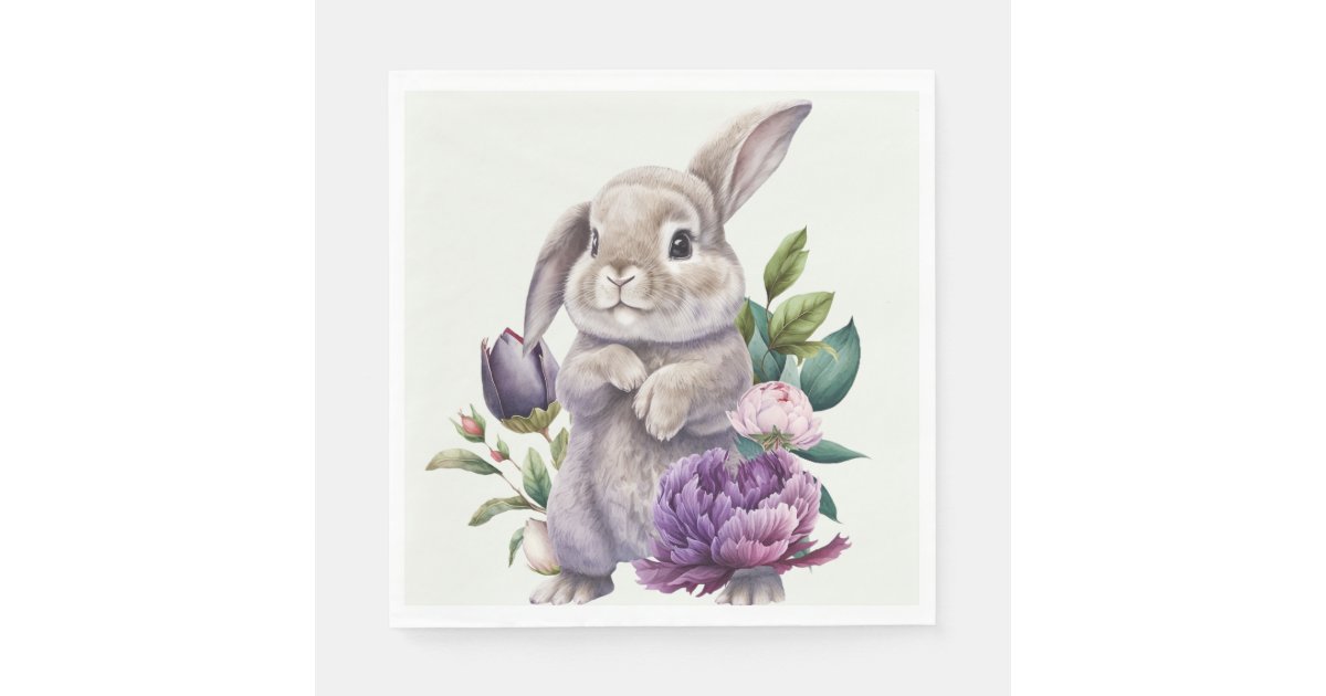 Easter Bunny And Peonies Flowers Napkins | Zazzle