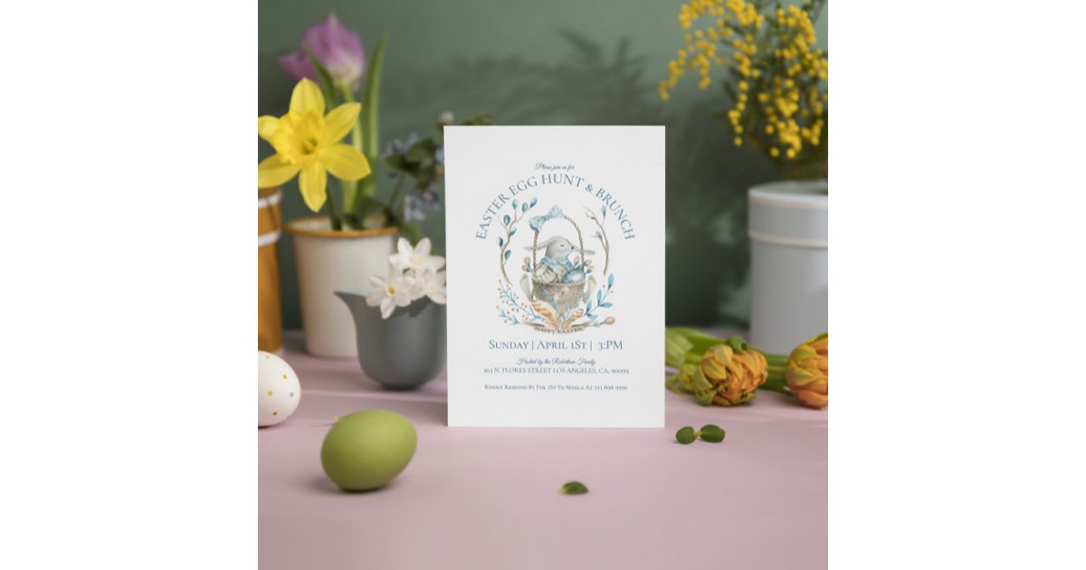 Easter bunny basket egg hunt & easter brunch invit thank you card | Zazzle