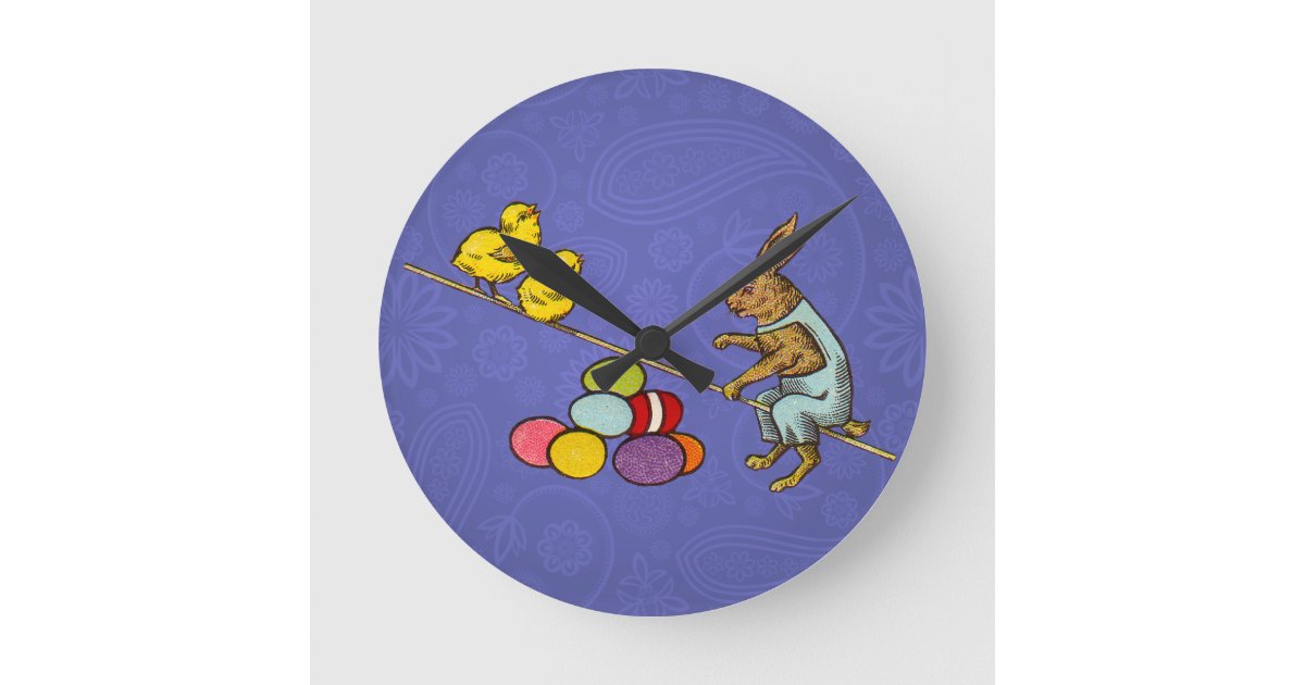 Easter Bunny chickens eggs illustration Round Clock | Zazzle