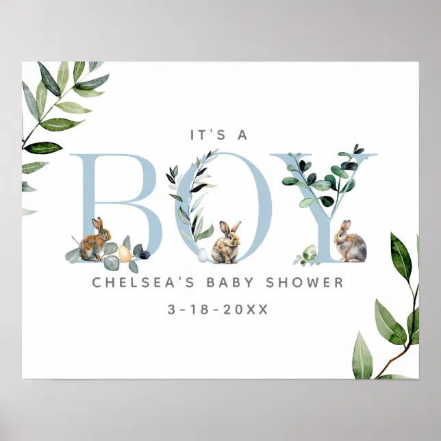 Easter Bunny Rabbit Boy Baby Shower Welcome Poster | Zazzle
