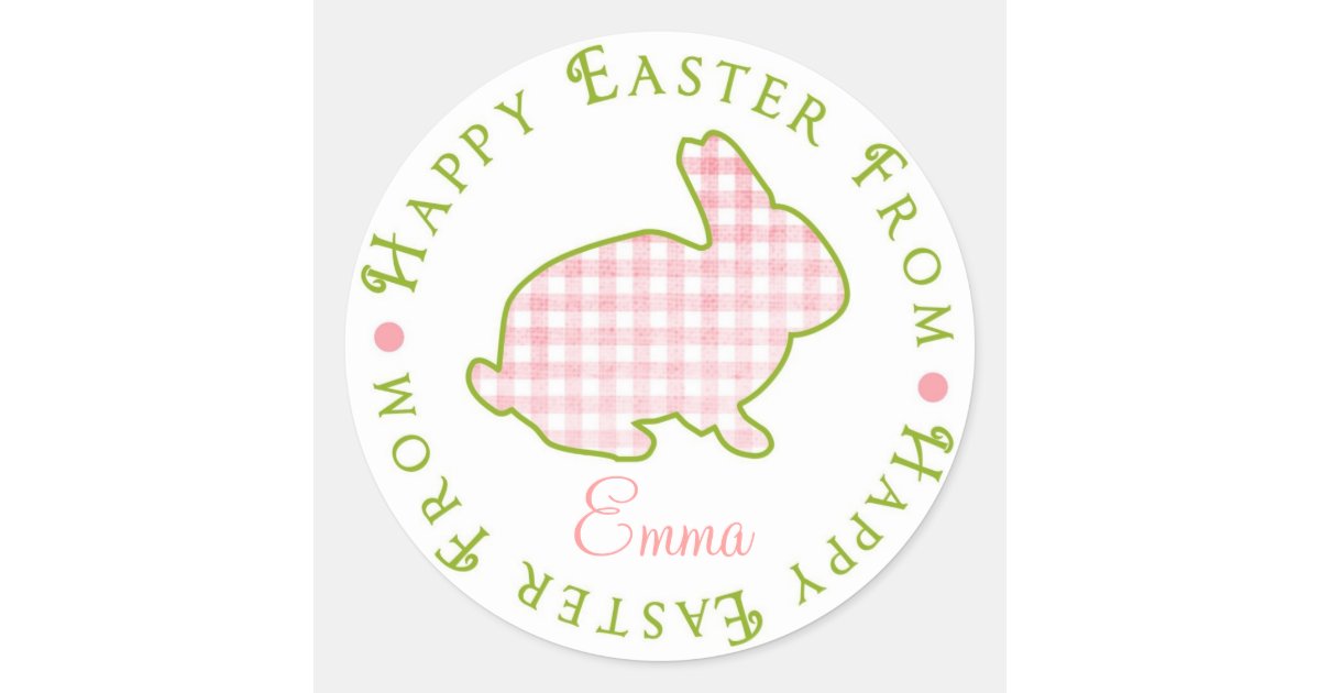Easter Bunny Stickers- Pink Gingham Classic Round Sticker | Zazzle