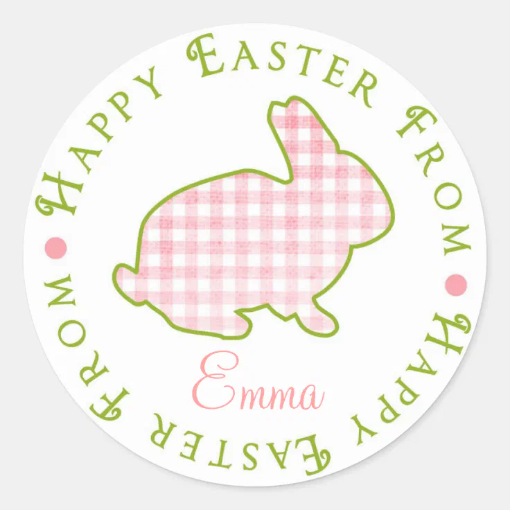Easter Bunny Stickers- Pink Gingham Classic Round Sticker | Zazzle