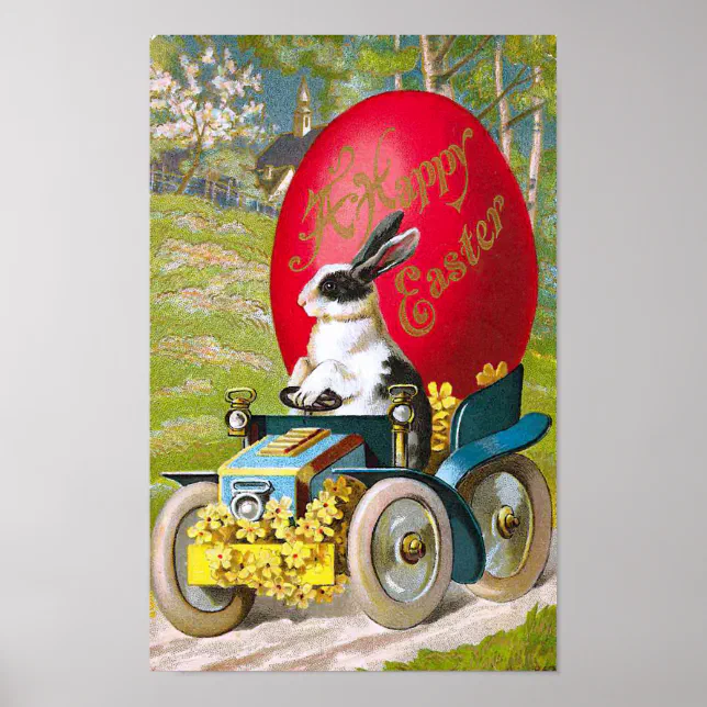 Easter Bunny With Cool Car Vintage Floral Poster | Zazzle