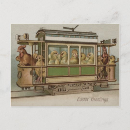 Easter Chick Rooster Trolley Holiday Postcard | Zazzle.com