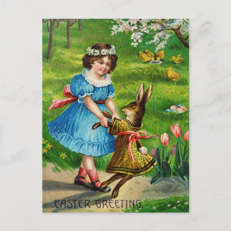 Easter Dance Victorian Dressed Bunny & Girl Holiday Postcard | Zazzle