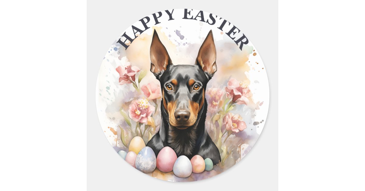 Easter Doberman Chocolate Eggs and Flowers - Classic Round Sticker | Zazzle