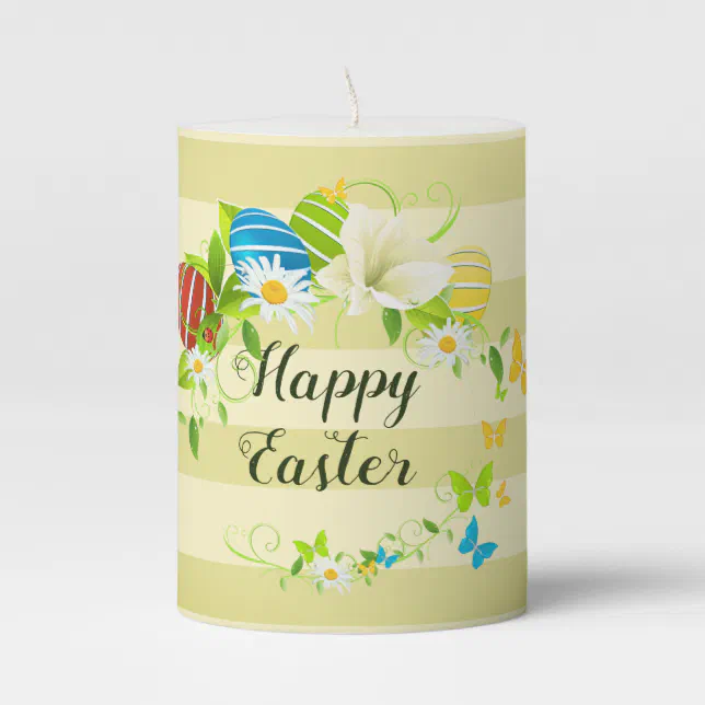 Easter Eggs Spring Flowers and Butterflies Wreath Pillar Candle | Zazzle