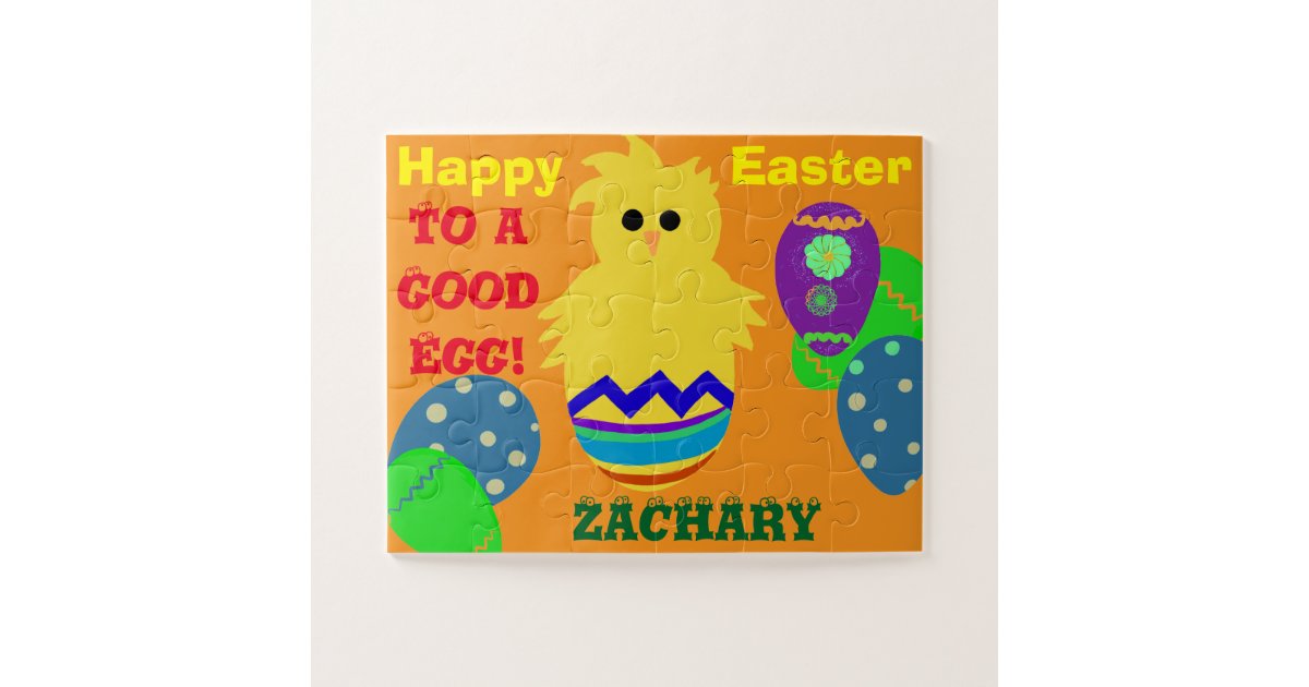 Easter Good Egg Yellow Chick Personalized NAME Jigsaw Puzzle | Zazzle