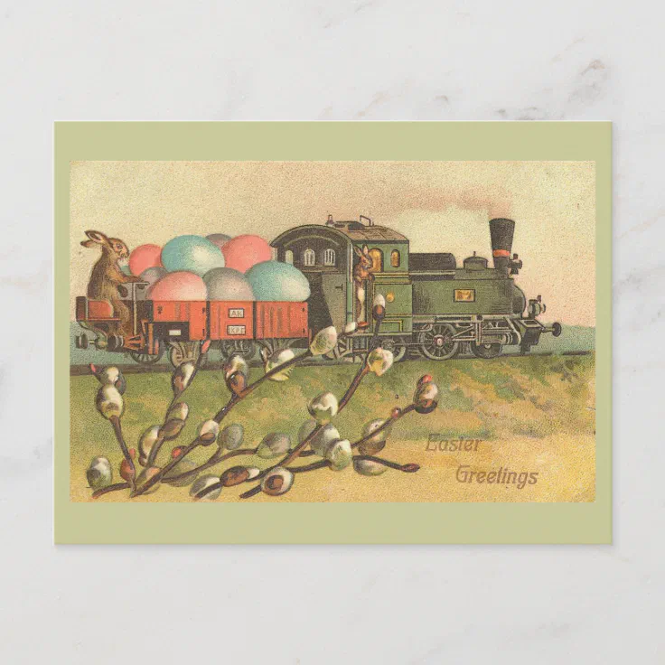 Easter Greetings With Egg Train Vintage Holiday Postcard | Zazzle