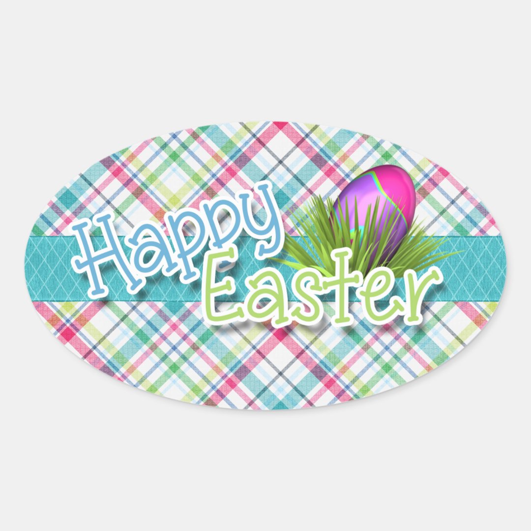 Easter - "Happy Easter" Word Art on Stripes Oval Sticker | Zazzle