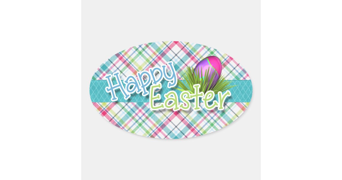 Easter - "Happy Easter" Word Art on Stripes Oval Sticker | Zazzle