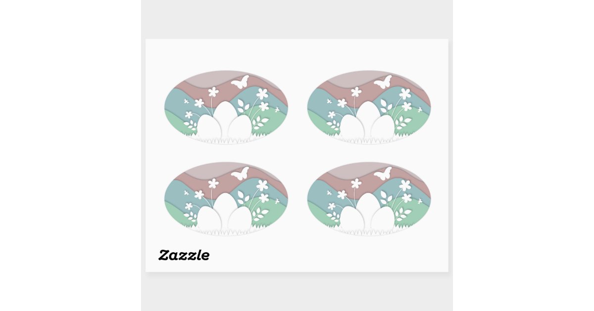 Easter holidays egg hunt papercut design oval sticker | Zazzle