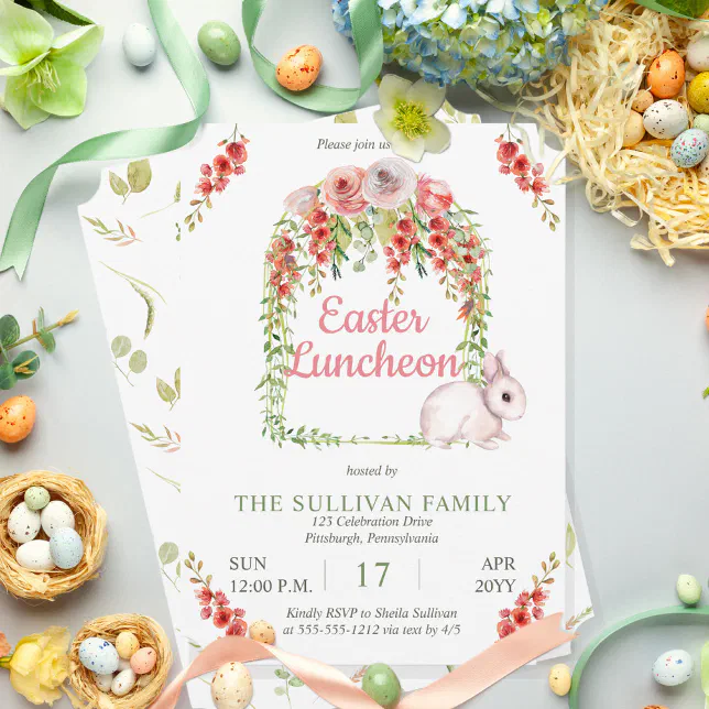 Easter Luncheon Bunny Rabbit Floral | Vines Frame Invitation | Zazzle