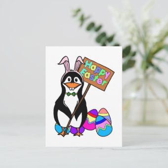 Easter Penguin with Colored Eggs Holiday Postcard | Zazzle