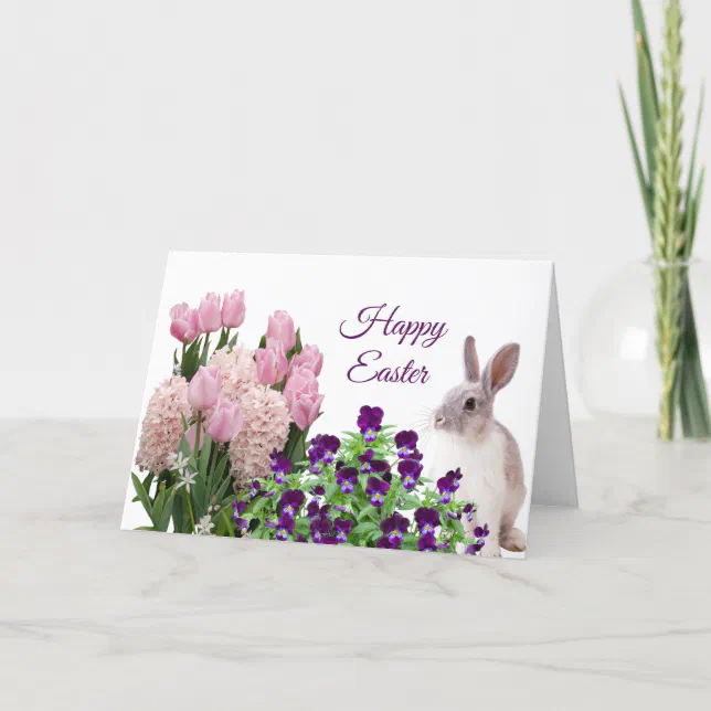 Easter Pink Purple Floral Rabbit Spring Holiday Card | Zazzle