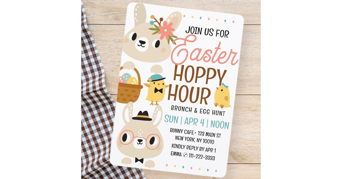 Easter Rabbit Hoppy Hour Modern Brunch Egg Hunt Invitation | Zazzle