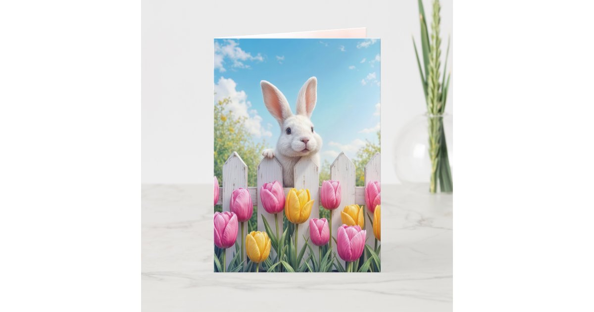 Easter White Bunny In Tulips Card | Zazzle