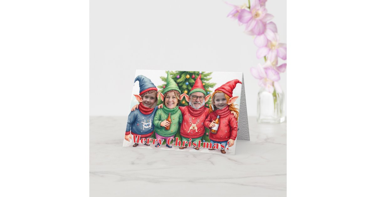 Easy Custom Digital Add Your Face 4 Photo Elves Card | Zazzle