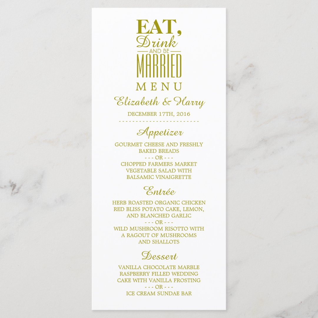 Eat, Drink and be Married Gold Wedding Menu | Zazzle