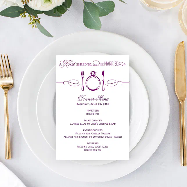 Eat Drink and Be Married Purple Wedding Dinner Menu | Zazzle