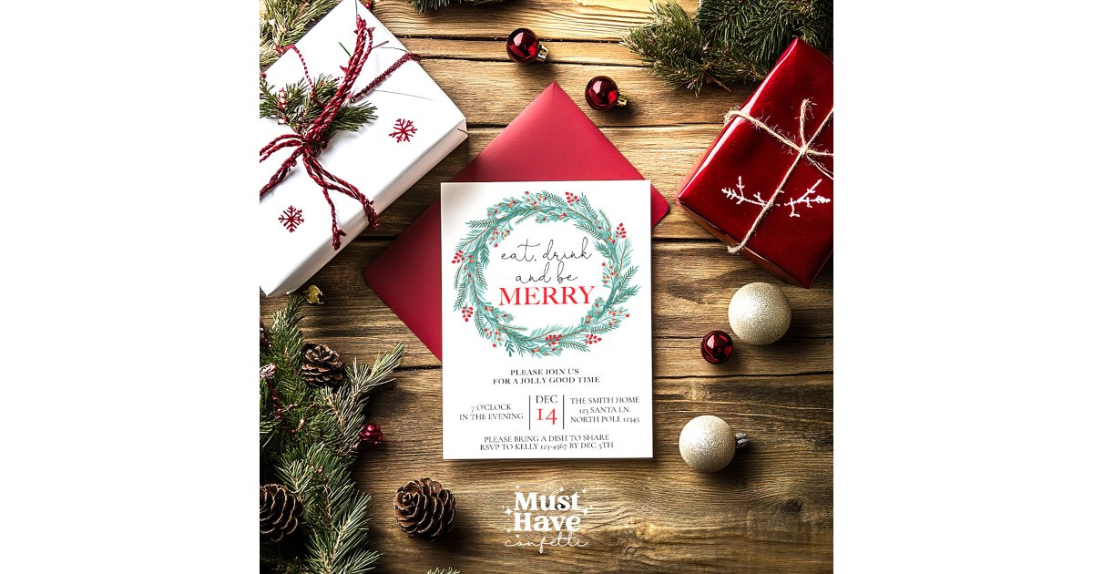Eat, Drink and Be Merry Christmas Party Potluck Invitation | Zazzle