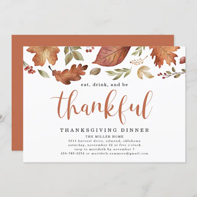 Eat, Drink, and Be Thankful Leaves Thanksgiving Invitation | Zazzle
