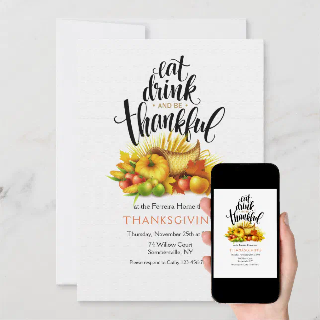 Eat Drink And Be Thankful Thanksgiving Invitation Zazzle