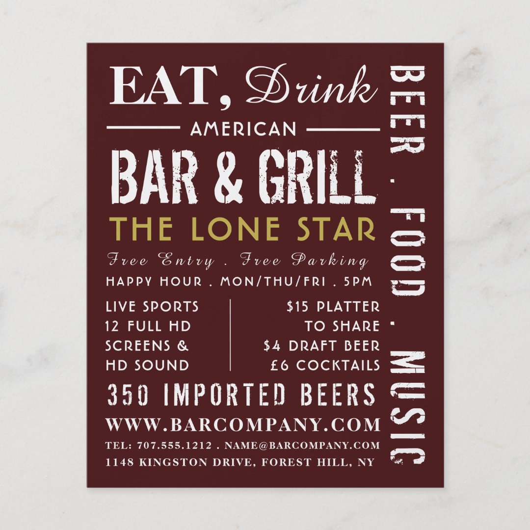 Eat, Drink Bar & Grill, Pub/Brewery Advertising Flyer | Zazzle