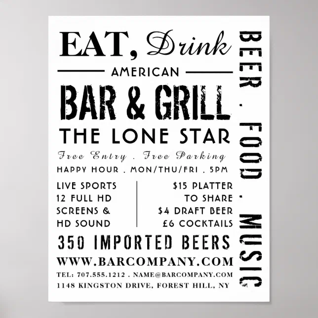 Eat, Drink Bar & Grill, Pub/Brewery Advertising Poster | Zazzle