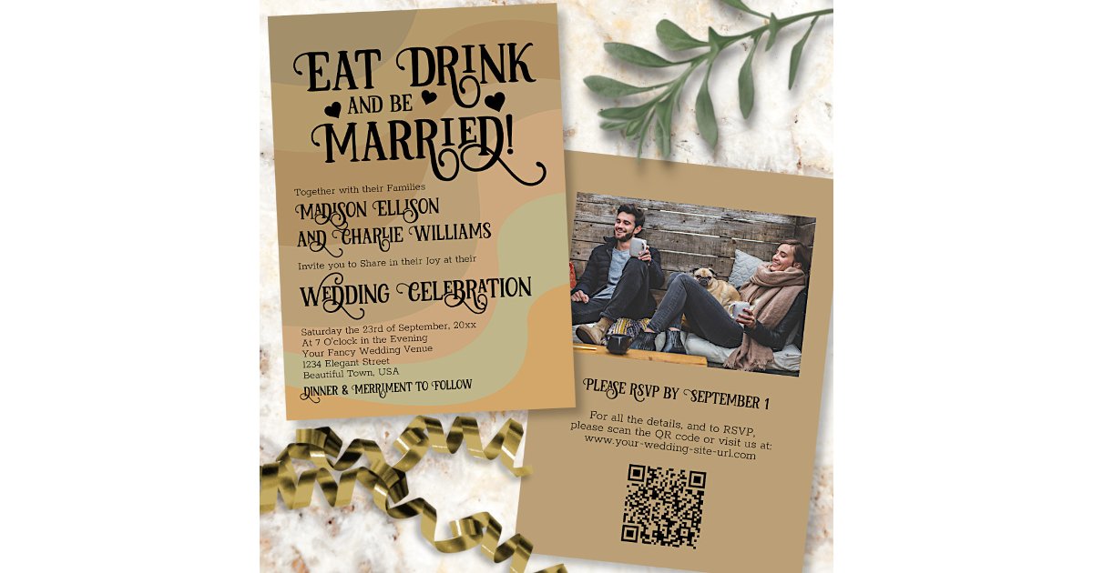 Eat Drink & Be Married Tan QR Code & Photo Wedding Invitation | Zazzle