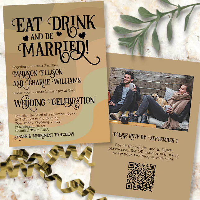 Eat Drink & Be Married Tan QR Code & Photo Wedding Invitation | Zazzle