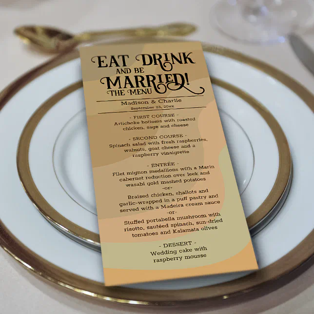 Eat Drink & Be Married Tan Retro Swirls Wedding Menu | Zazzle