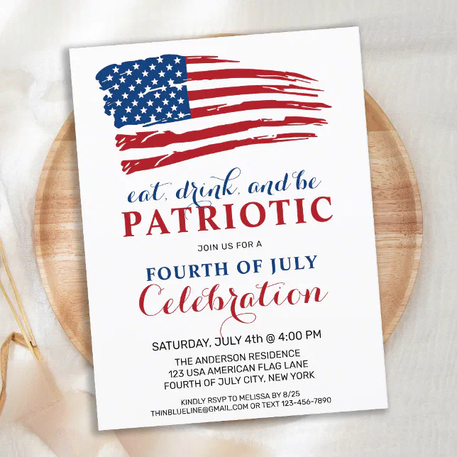 Eat Drink Be Patriotic USA Flag 4th Of July Party Invitation Postcard ...