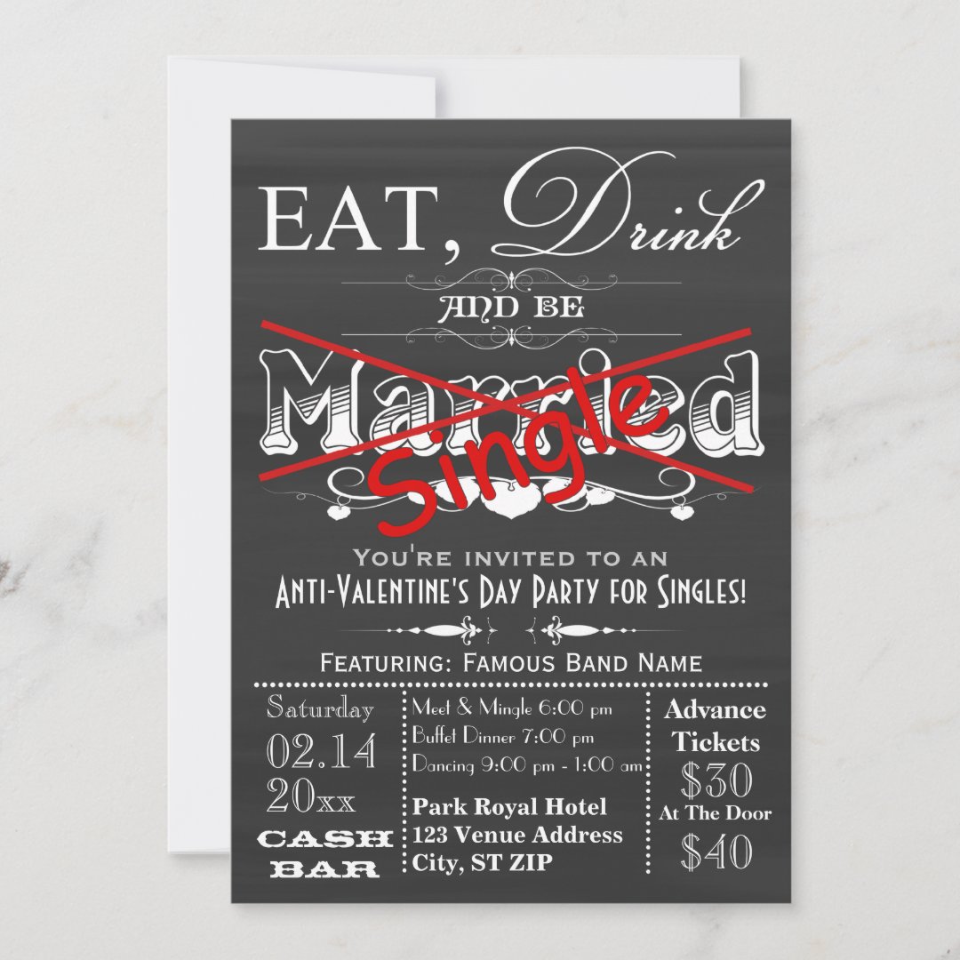 Eat, Drink, & Be Single Chalkboard Singles Party Invitation | Zazzle
