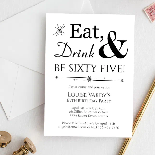 Eat Drink Be Sixty Five Retro 65th Birthday Invitation | Zazzle