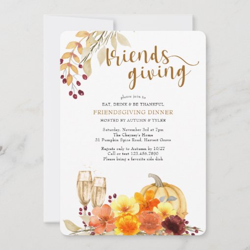 Eat Drink Be Thankful Autumn Flowers Friendsgiving Invitation Zazzle