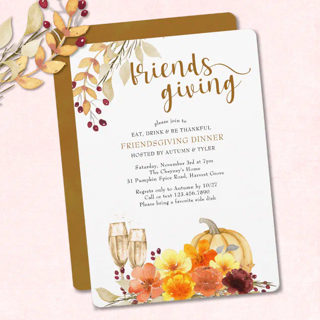 Eat Drink be Thankful Autumn Flowers Friendsgiving Invitation | Zazzle