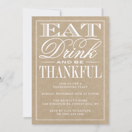 Eat Drink And Be Thankful Kraft Thanksgiving Invitation Zazzle