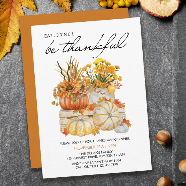 Eat Drink Be Thankful Pumpkin Harvest Thanksgiving Invitation | Zazzle