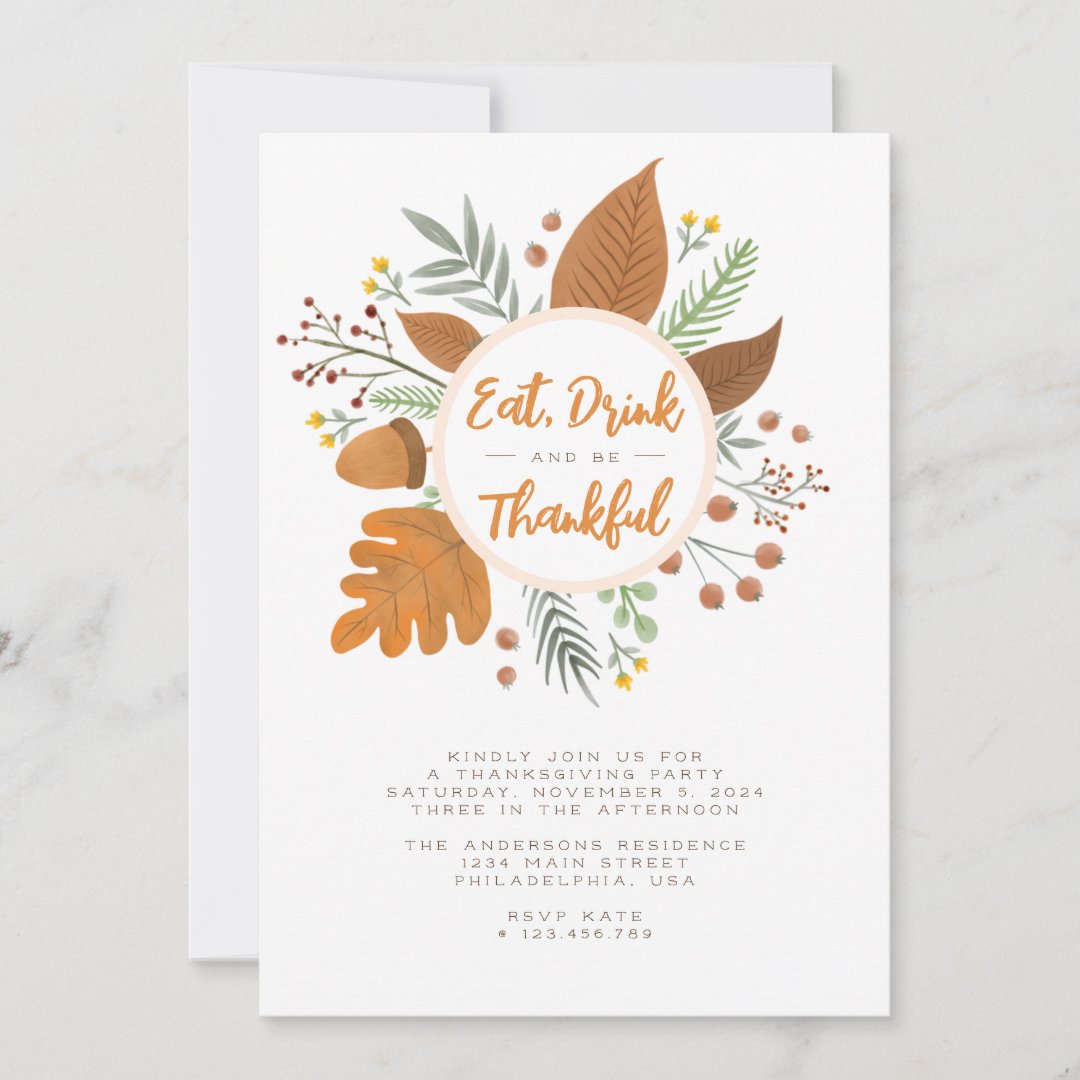 Eat Drink & be Thankful Thanksgiving Wreath Party Invitation | Zazzle
