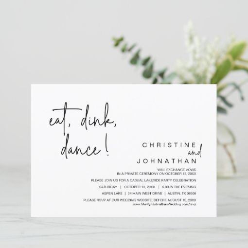 Eat, Drink, Dance, Wedding Elopement Dinner Invitation | Zazzle