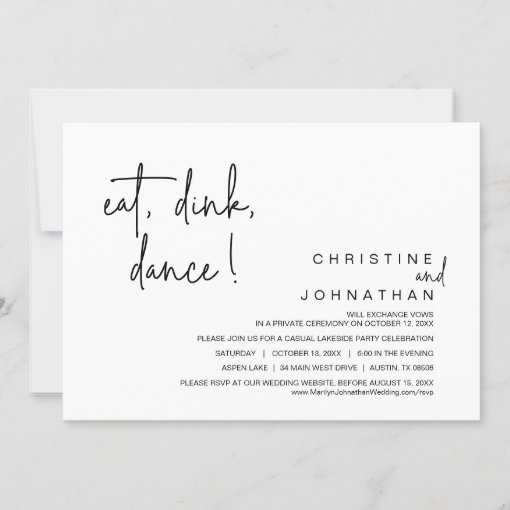 Eat, Drink, Dance, Wedding Elopement Dinner Invitation | Zazzle