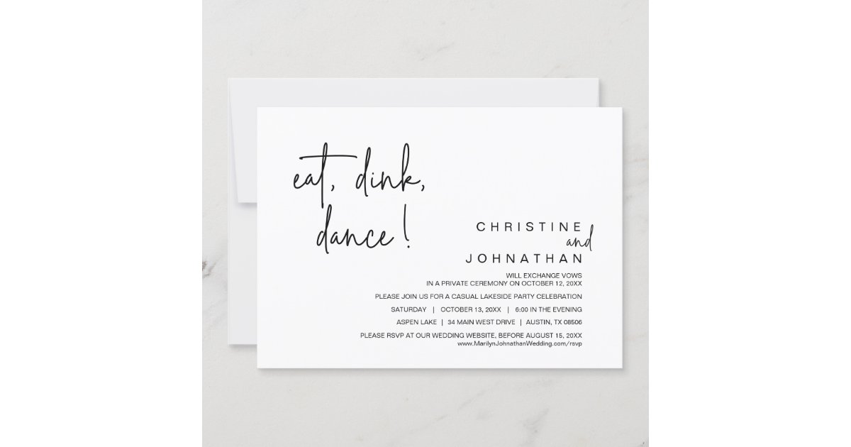 Eat, Drink, Dance, Wedding Elopement Dinner Invitation | Zazzle