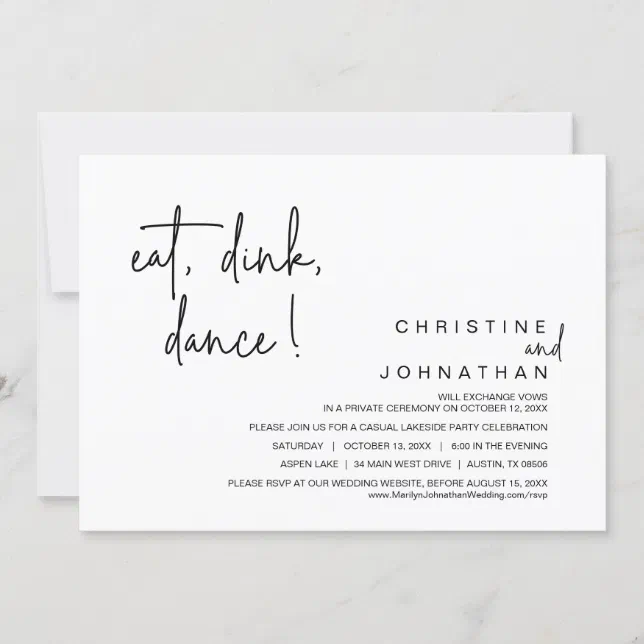 Eat, Drink, Dance, Wedding Elopement Dinner Invitation | Zazzle